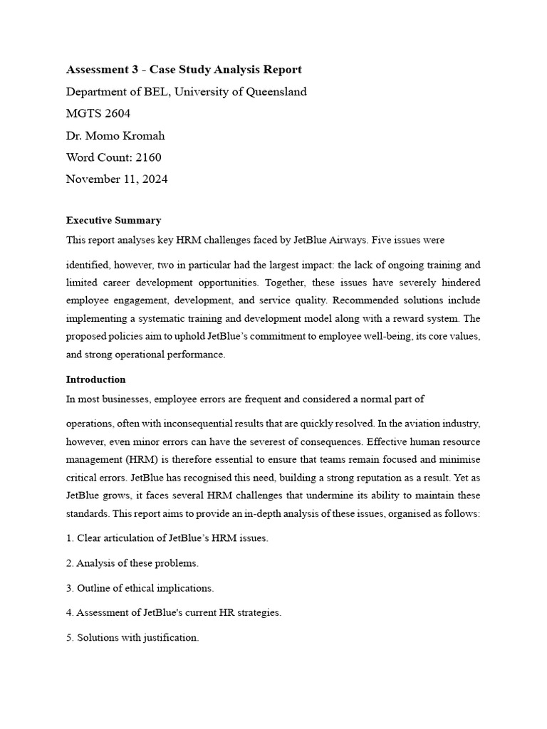 JetBlue HRM Challenges and Solutions Analysis | PDF | Employee ...