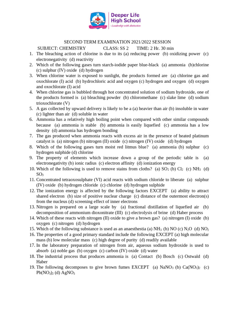 Ss 2 Chemistry 2nd Term Exam 2021-2022 | PDF | Chlorine | Nitrogen