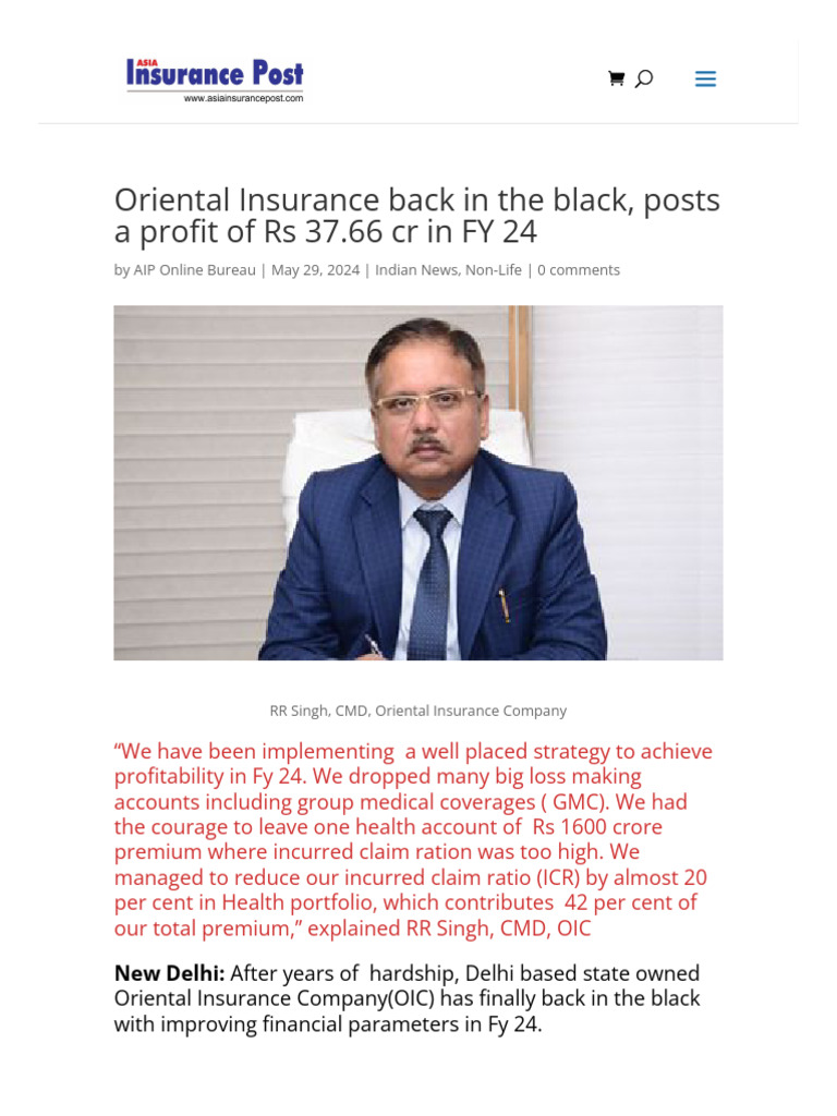 OIC Reports Profit of Rs 37.66 Cr in FY24 | PDF | Insurance | Investing