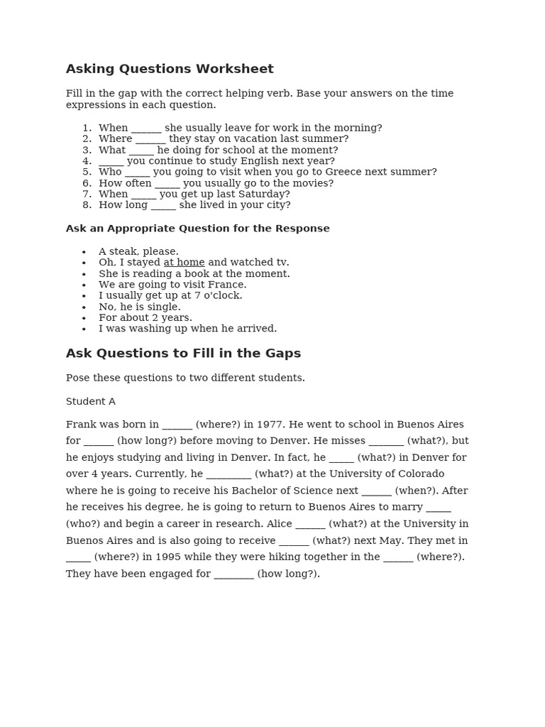 Asking Questions Worksheet | PDF