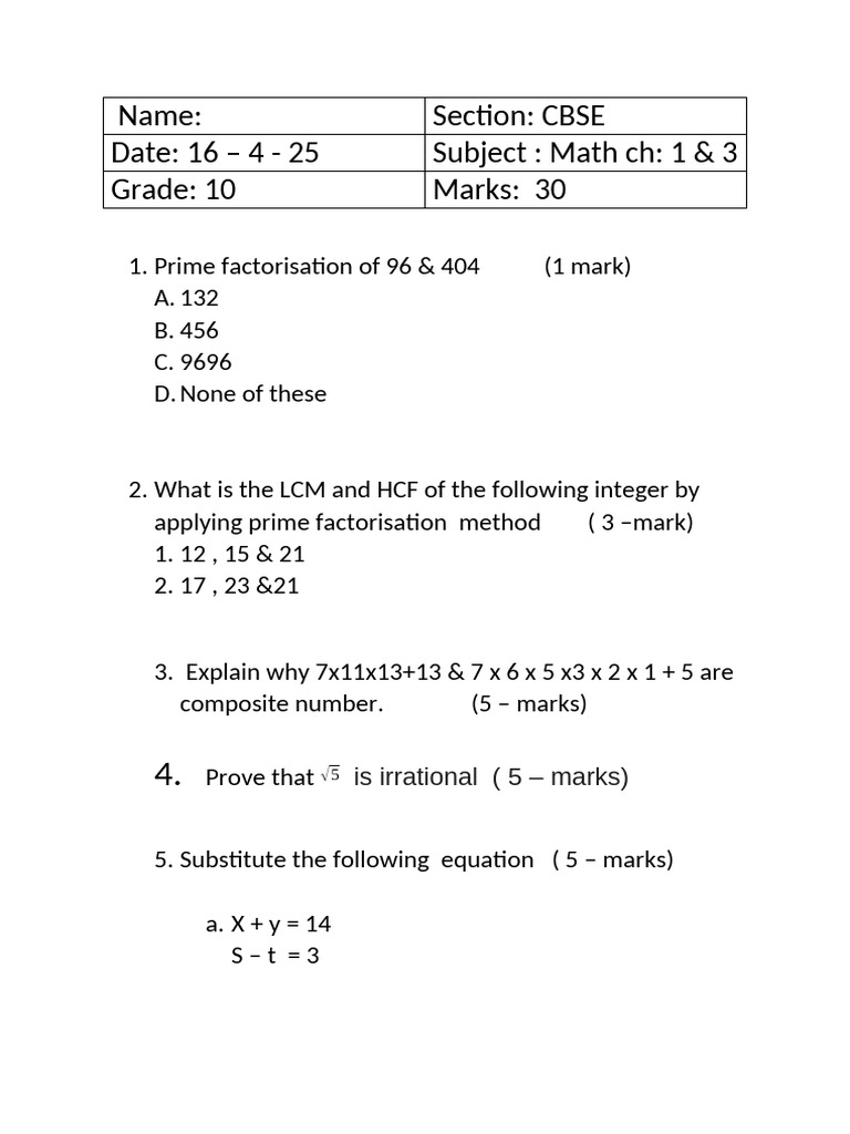 Math Test Chapter 1 | PDF