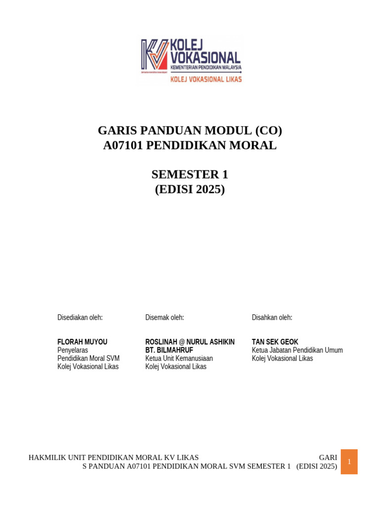 Garis Panduan A07101 Pen. Moral Semester 1 2025 | PDF