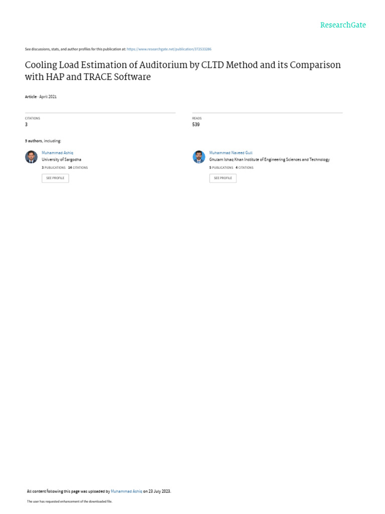 Cooling Load Estimation of Auditorium by CLTD Method and Its Comparison With HAP and TRACE ...