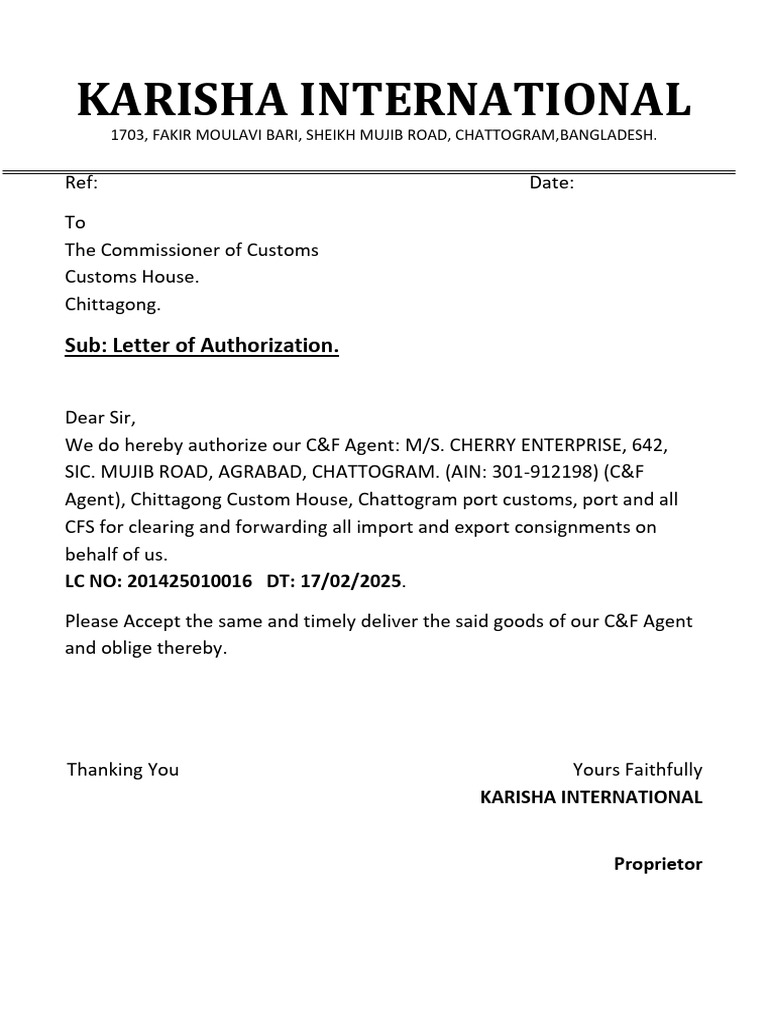 Karisha International: Sub: Letter of Authorization | PDF