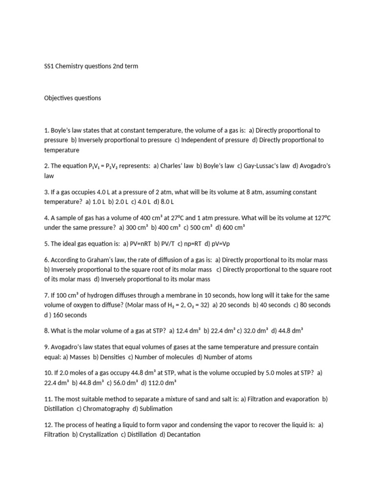 SS1 Chemistry Exam 2nd Term | PDF | Gases | Sodium Chloride