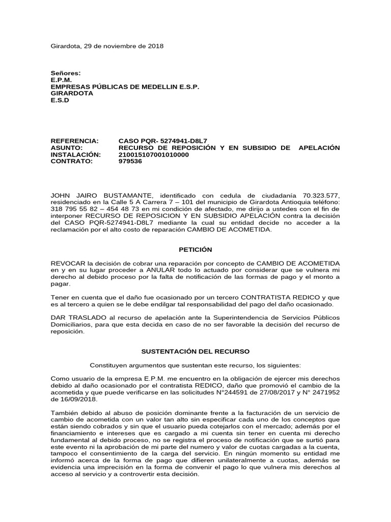 Recurso ALTO COSTO ACOMETIDA John Jairo Bustamante | PDF | Debido al ...