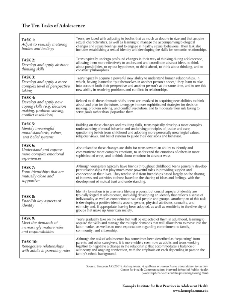 Ten Key Developmental Tasks of Adolescence | PDF | Adolescence ...