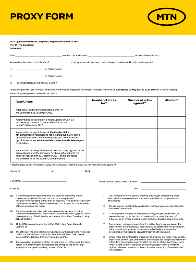 MTN Uganda Limited 2024 Proxy Form | PDF | Corporations | Business