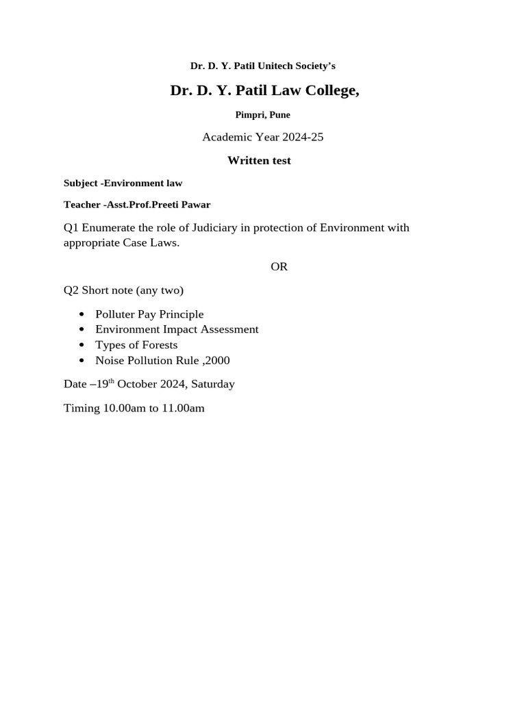 Environment Law Written Test 2024-25 | PDF