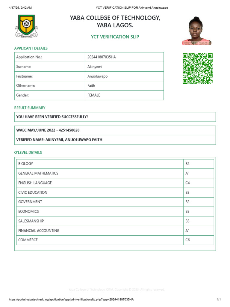 YCT VERIFICATION SLIP FOR Akinyemi Anuoluwapo | PDF