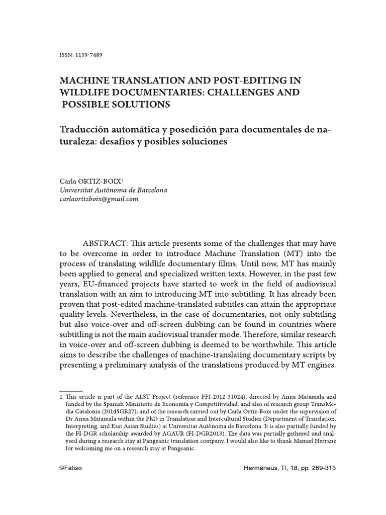 Machine Translation and Post-editing in Widlife Documentaries ...