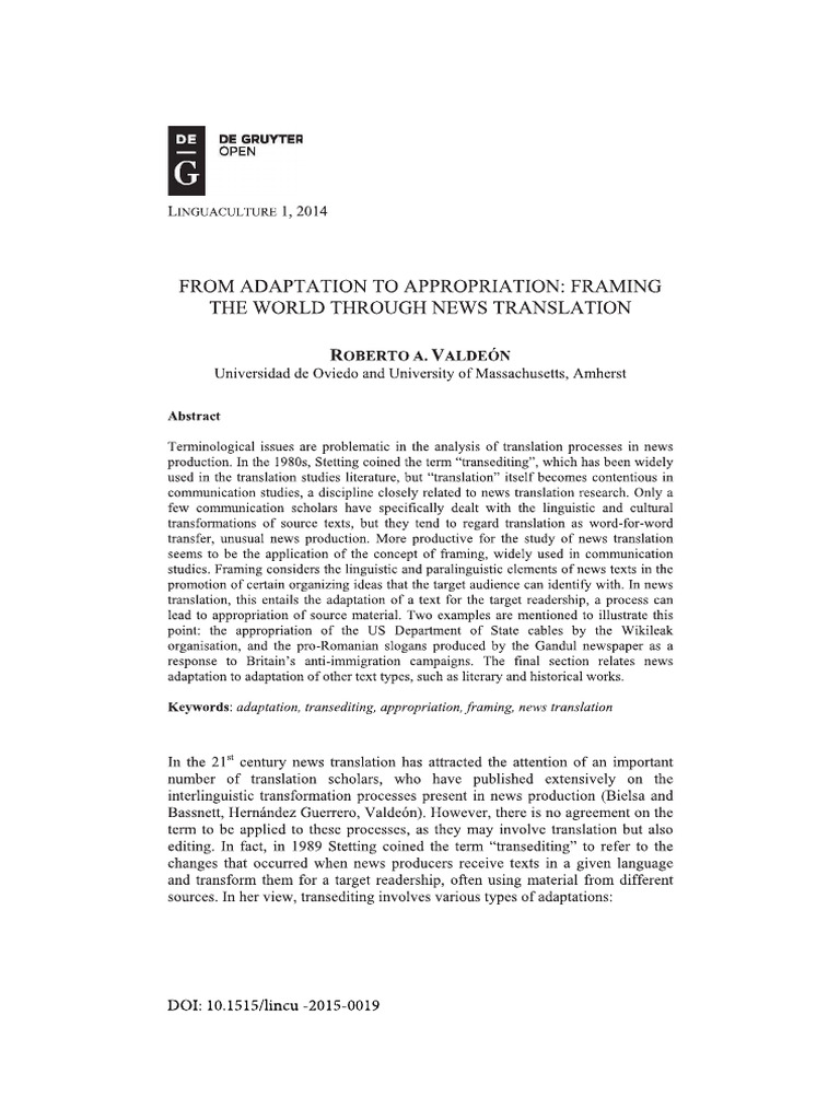 Roberto Valdeon - From Adaptation To Appopiation Framing The World ...