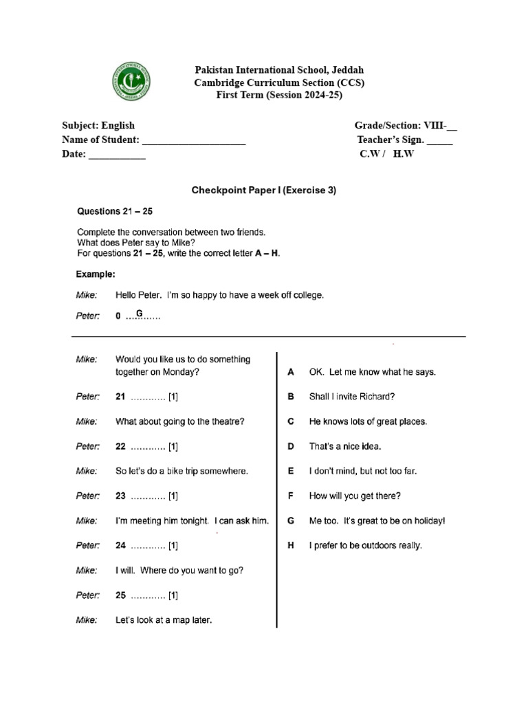 English Checkpoint Papers for Grade VIII | PDF