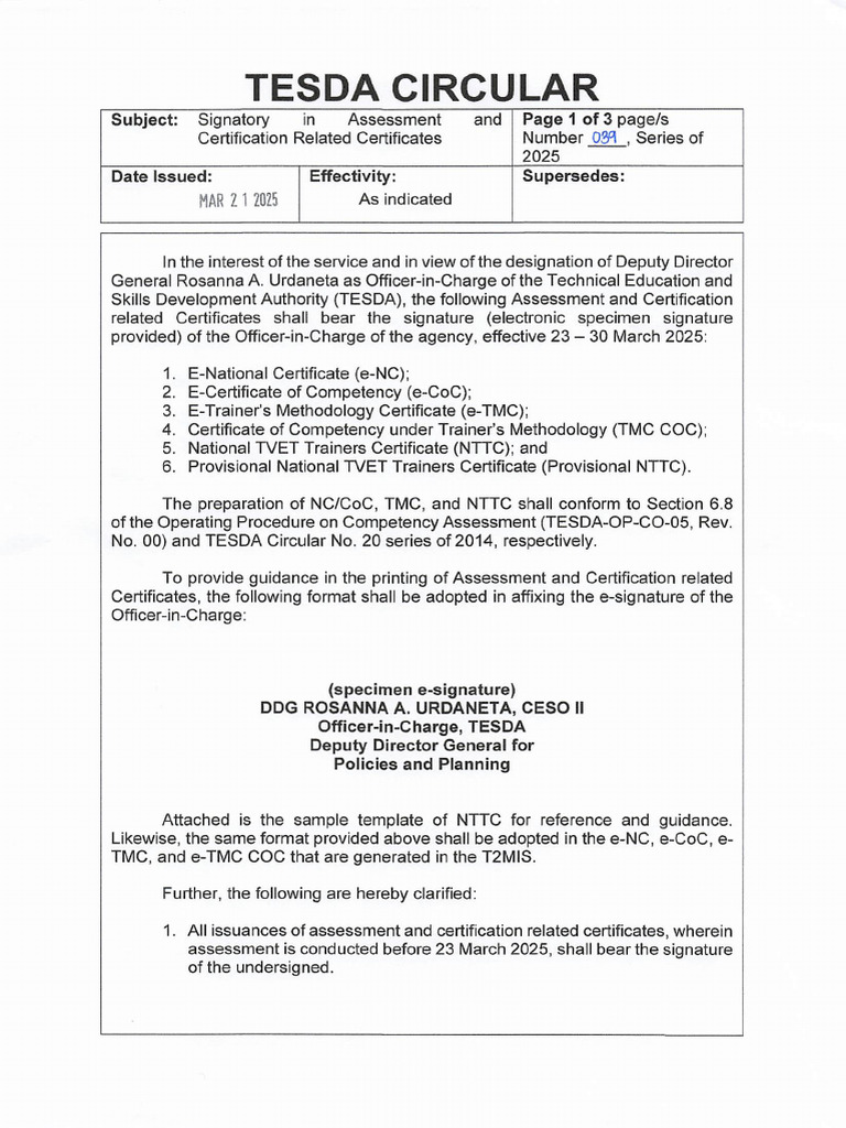TESDA Circular No. 039-2025 | PDF | Signature | Authentication