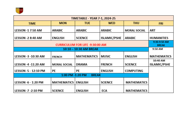 Class 7 Timetable 2024-25 | PDF