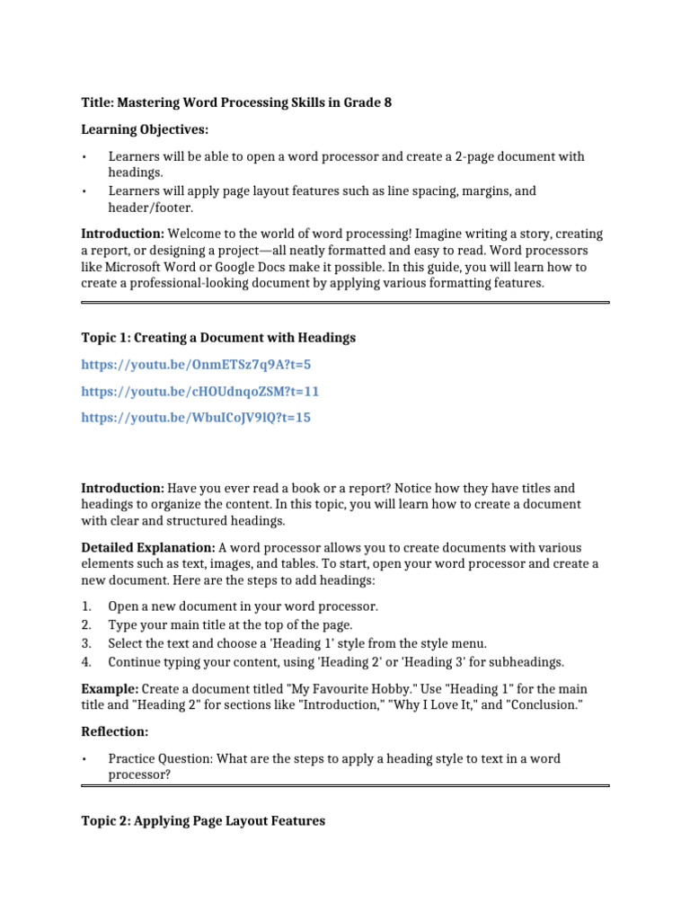 Grade 8 Word Processing Skills Guide | PDF | Page Layout | Word Processor