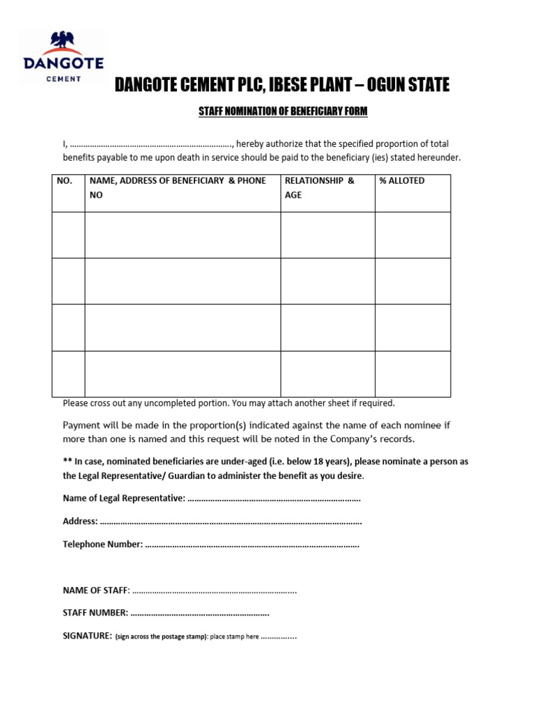 Beneficiary Nomination Form - Dangote Cement | PDF