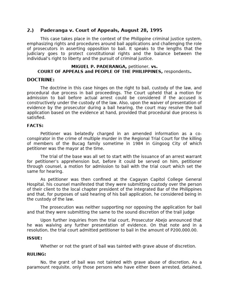Paderanga V Court of Appeals | PDF | Bail | Arrest