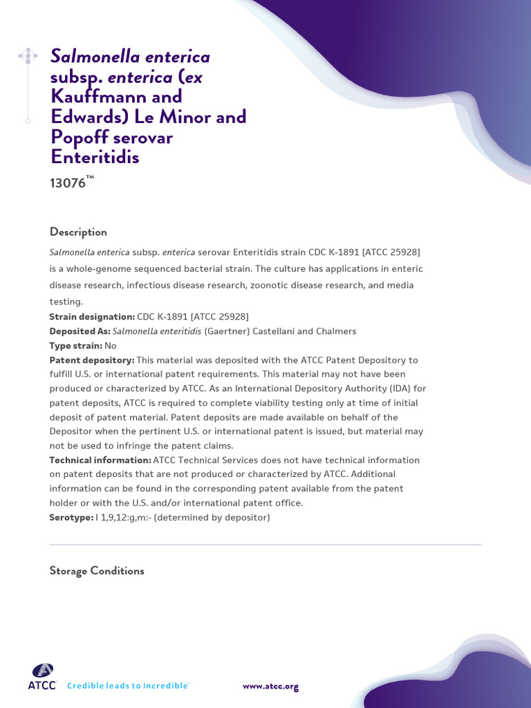 Product Sheet - Salmonella Enterica Subsp. Enterica (Ex Kauffmann and ...