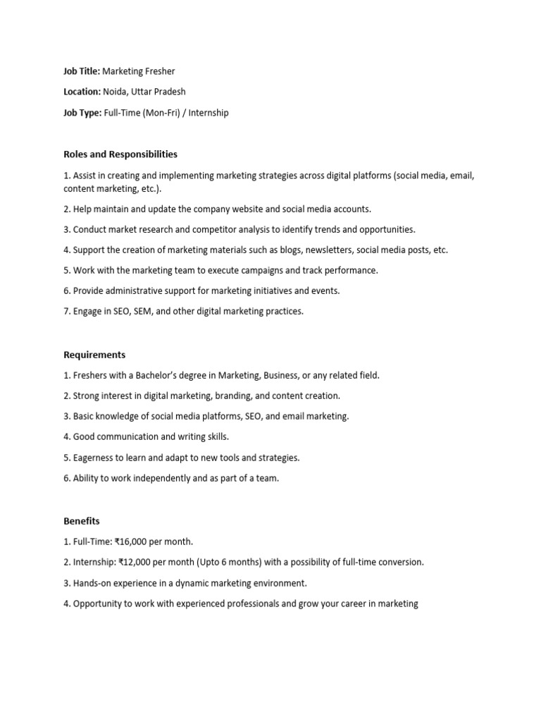 Marketing Fresher JD | PDF