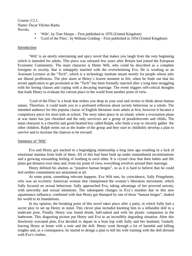 Novels Comparison C2 Level Wilt and Lord of The Flies | PDF