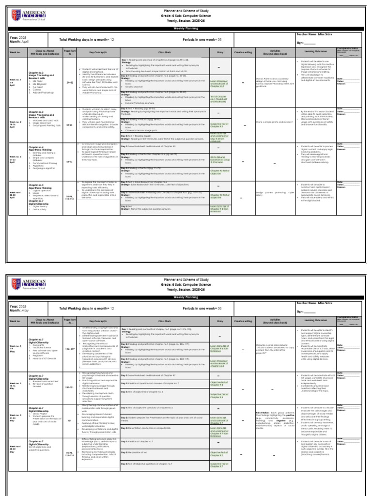 Planner of Grade 6 (Computer) - 1 | PDF | Adobe Photoshop | Thought