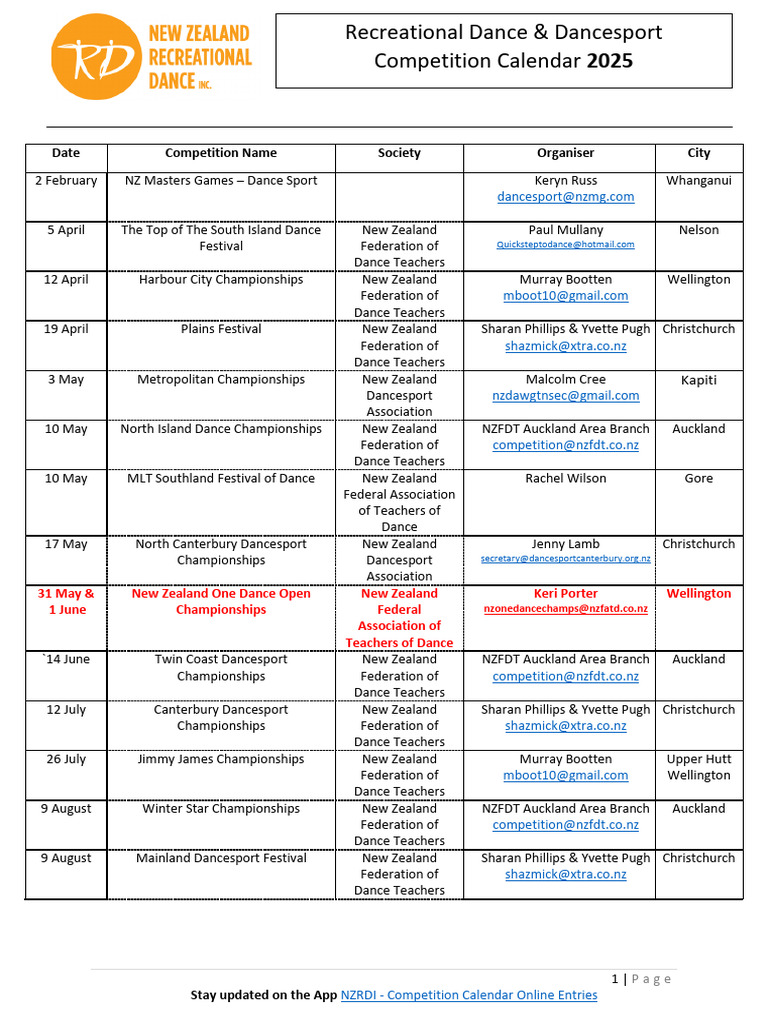 NZ Dance Competitions Calendar 2025 | PDF | Dances