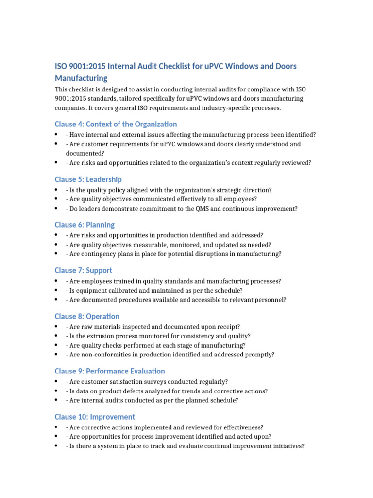 Iso 9001 2015 Internal Audit Checklist Upvc Manufacturing Pdf