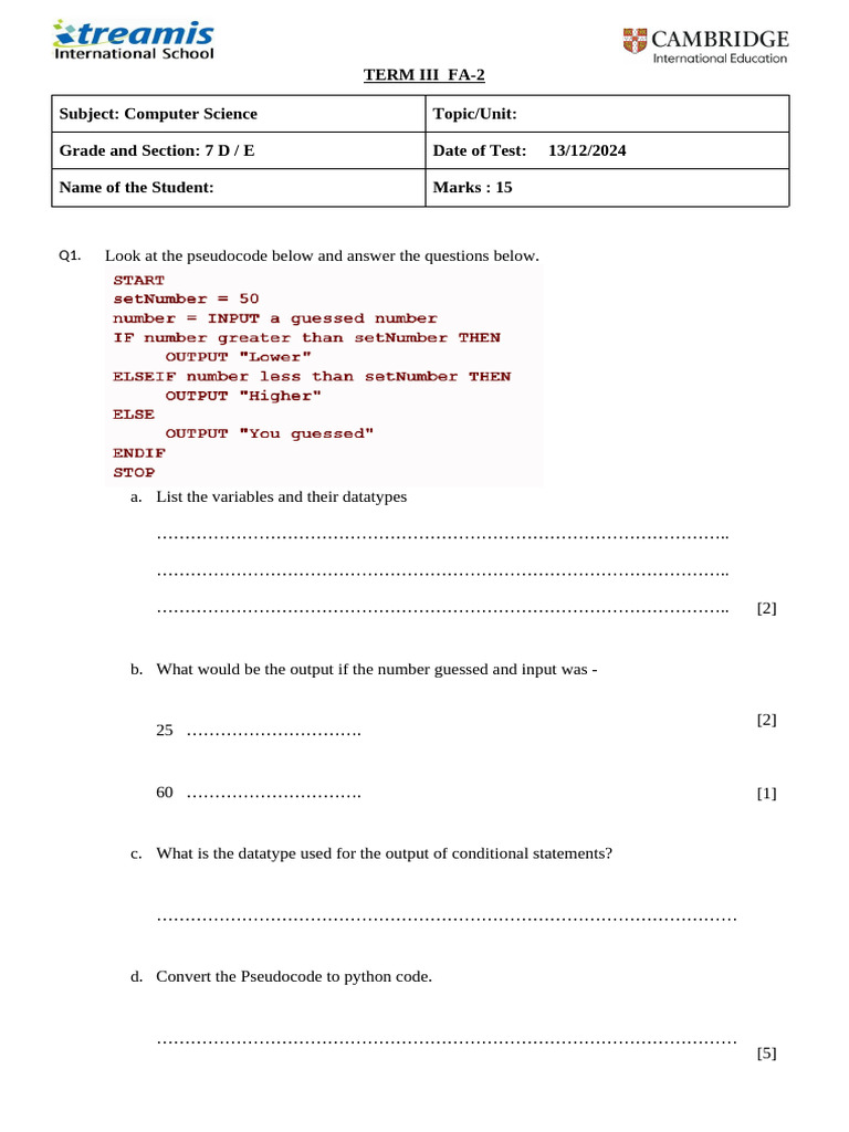 Computer Science Test: Pseudocode Analysis | PDF