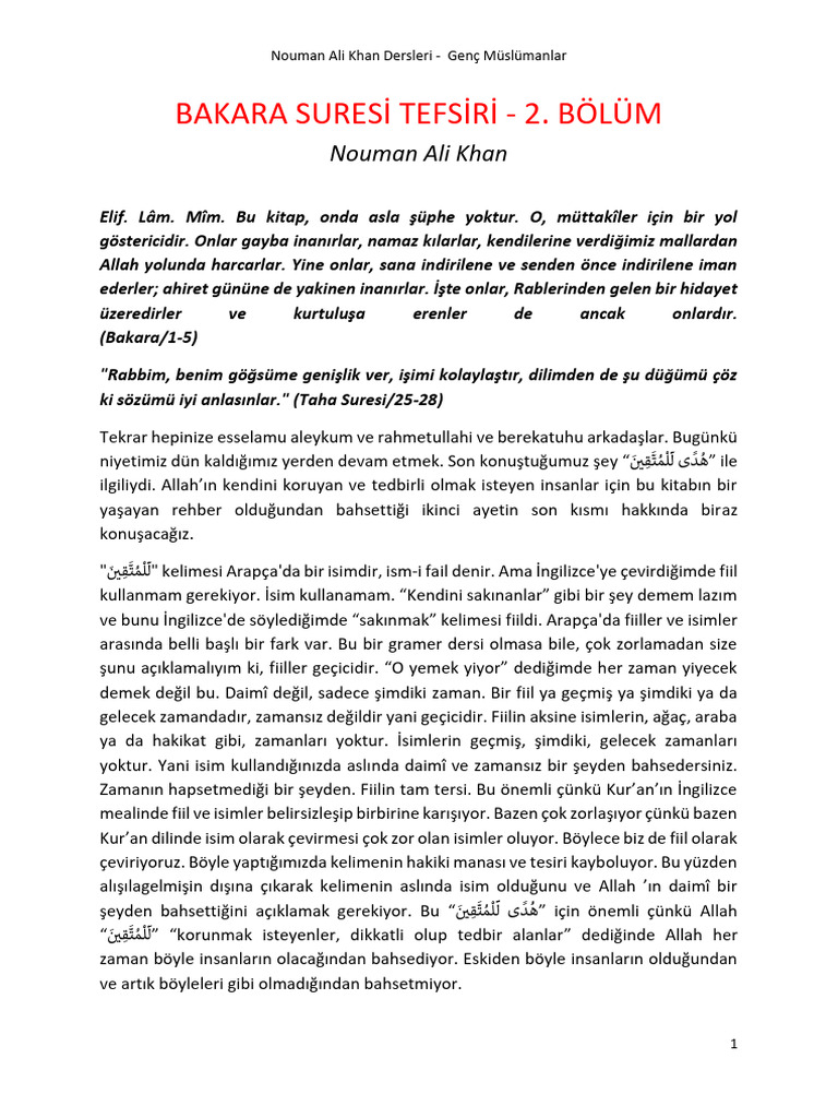 2. Bölüm Bakara Suresi Tefsiri - Nouman Ali Khan | PDF