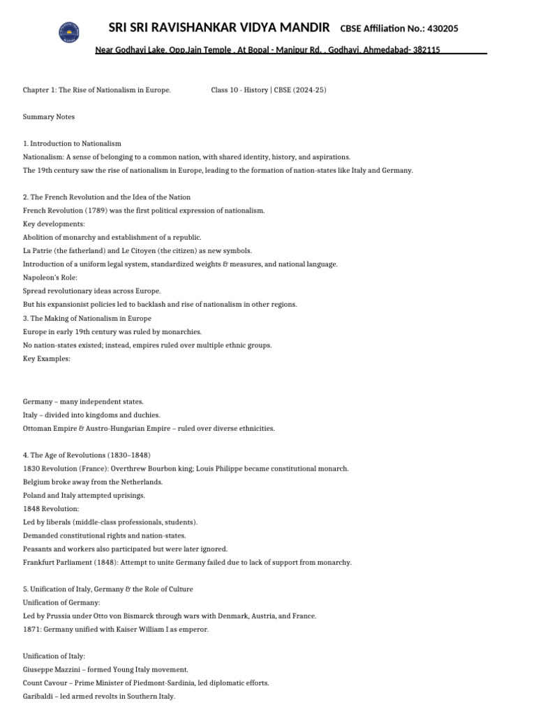 Notes For CH - 1 Grade 10 History | PDF | German Empire | Nationalism
