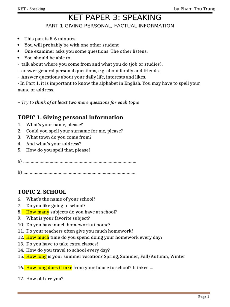 KET Speaking Exam Guide: Personal Info | PDF