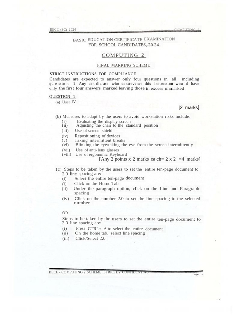 BECE 2024 Computing Marking Scheme | PDF