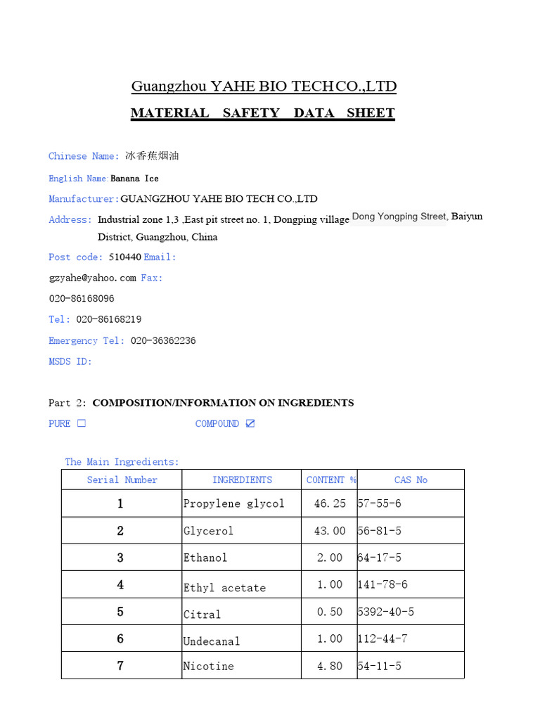 Banana Ice E-Liquid MSDS Guide | PDF | Water | Combustion