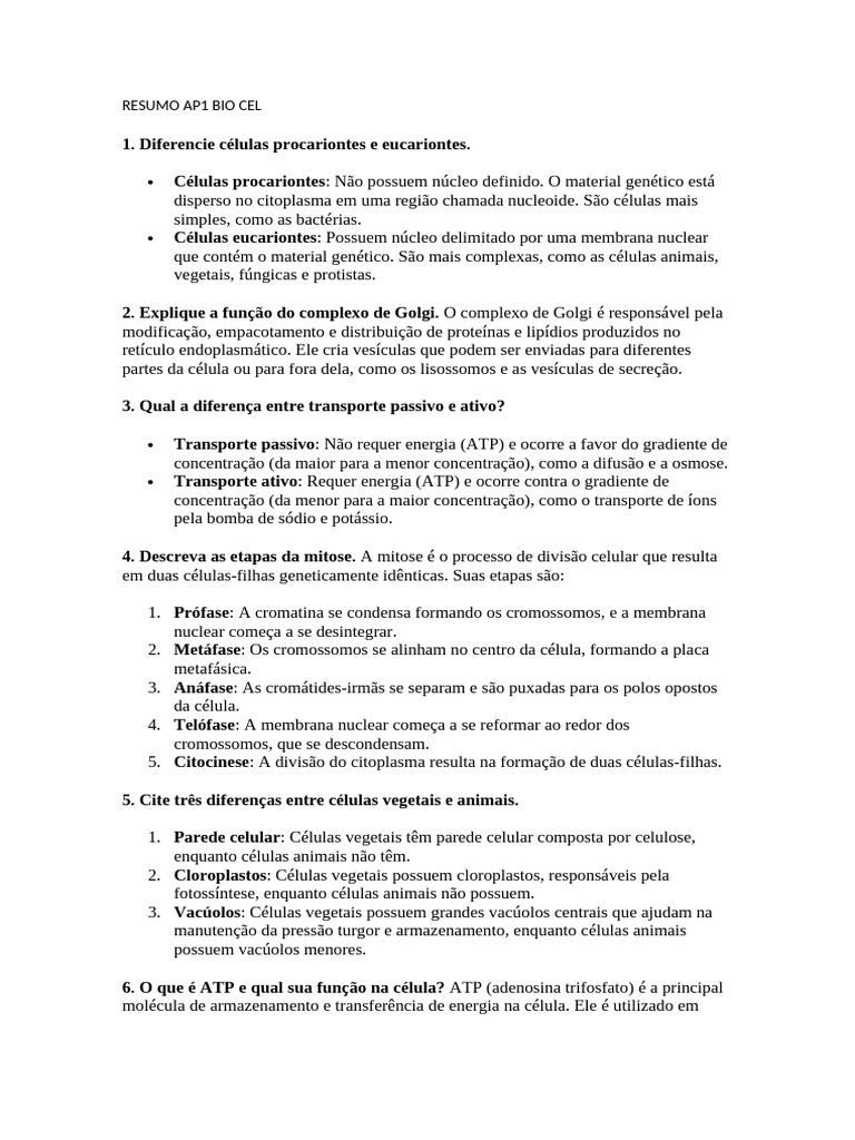 Resumo Ap1 Bio Cel Exercicios | PDF | Célula (Biologia) | Trifosfato de adenosina