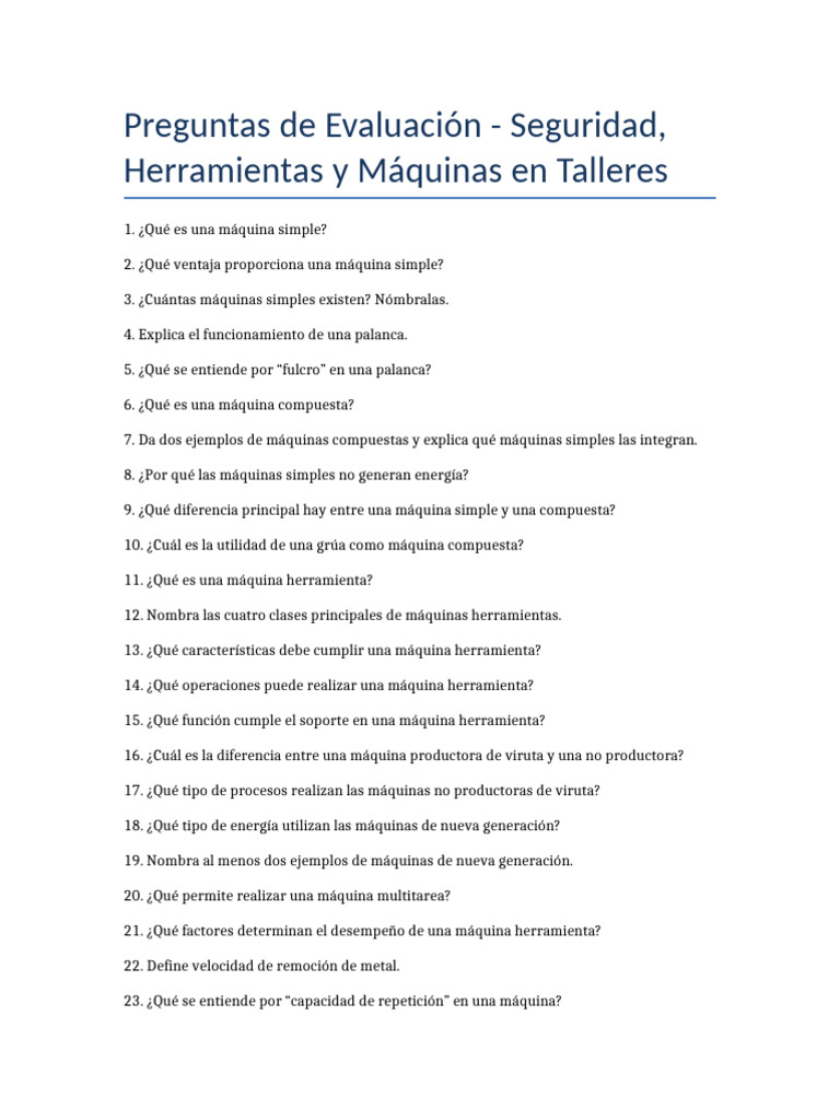 Preguntas sobre Seguridad y Máquinas en Talleres | PDF | Herramientas ...