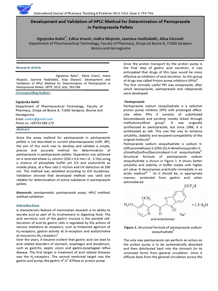 pantoprazole sodium hplc method article | PDF | Stomach | High Performance Liquid Chromatography