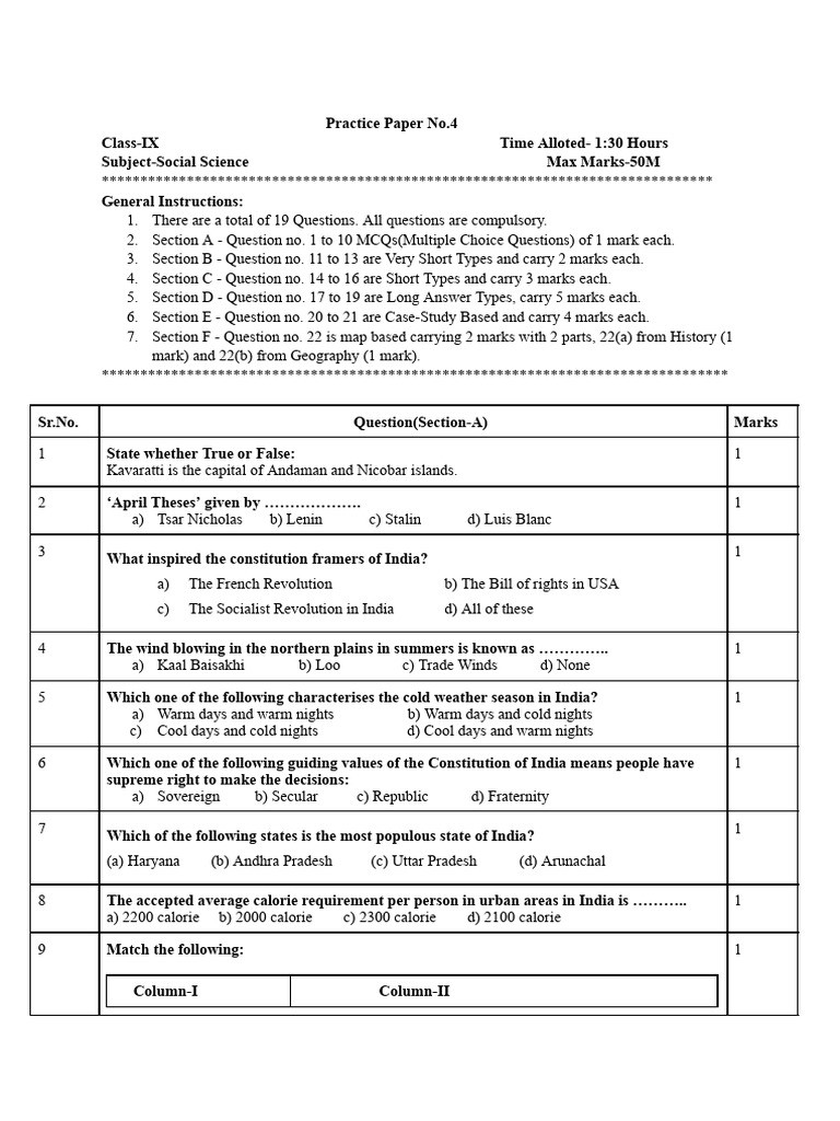Practice Paper-4 Class 9 SST | PDF | La Marseillaise | Political Science