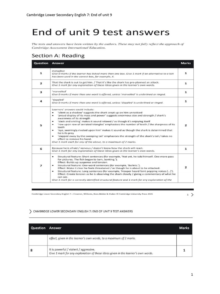 Answer - Cambridge Lower Secondary English 7 End of Unit 9 Test | PDF