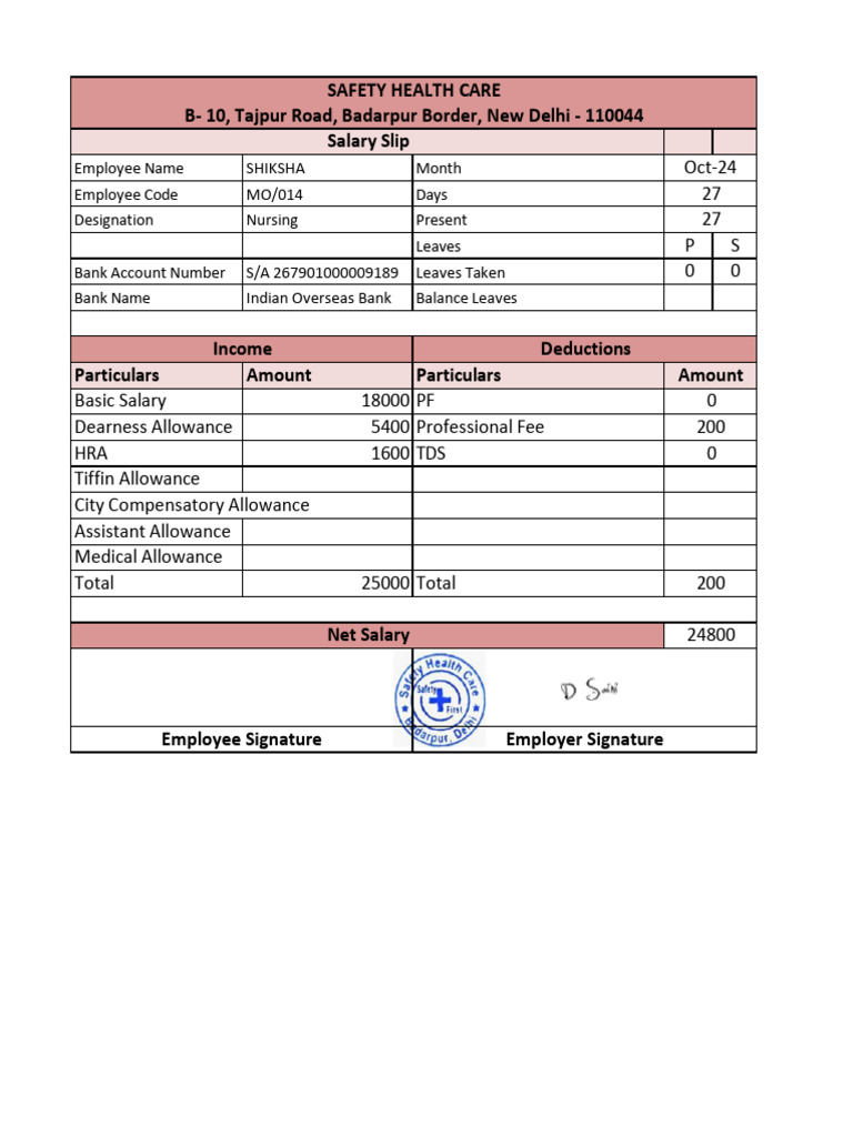 Nursing Salary Slip - Oct 2024 | PDF