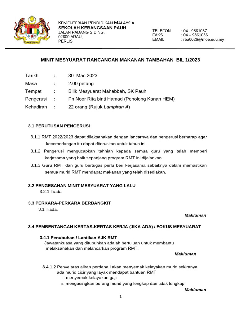 Minit Mesyuarat RMT Bil 1 2023 | PDF