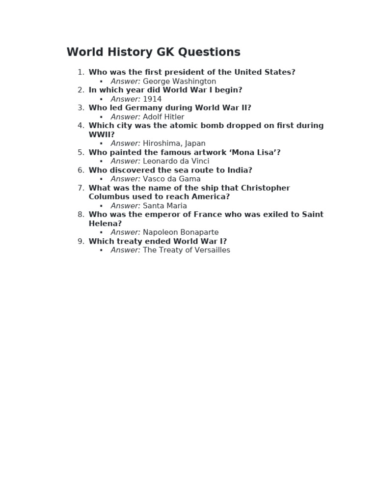 World History GK Questions and Answers | PDF