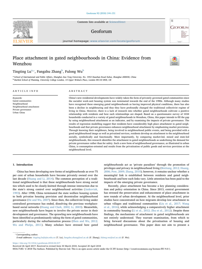 Place Attachment in China's Gated Communities | PDF | Sampling ...