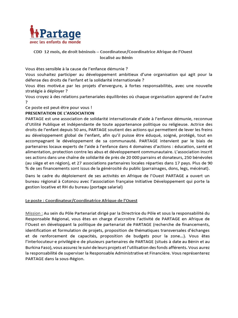 Coordinateur Afrique de l'Ouest - PARTAGE | PDF