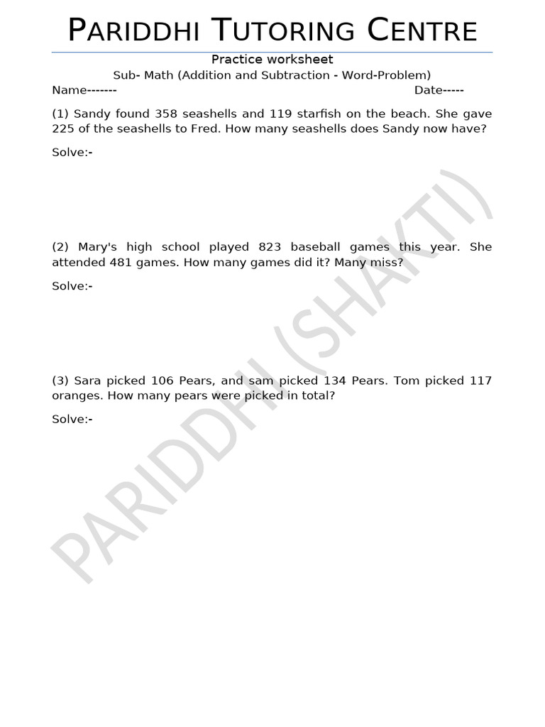 Math Word Problems Practice Sheet | PDF