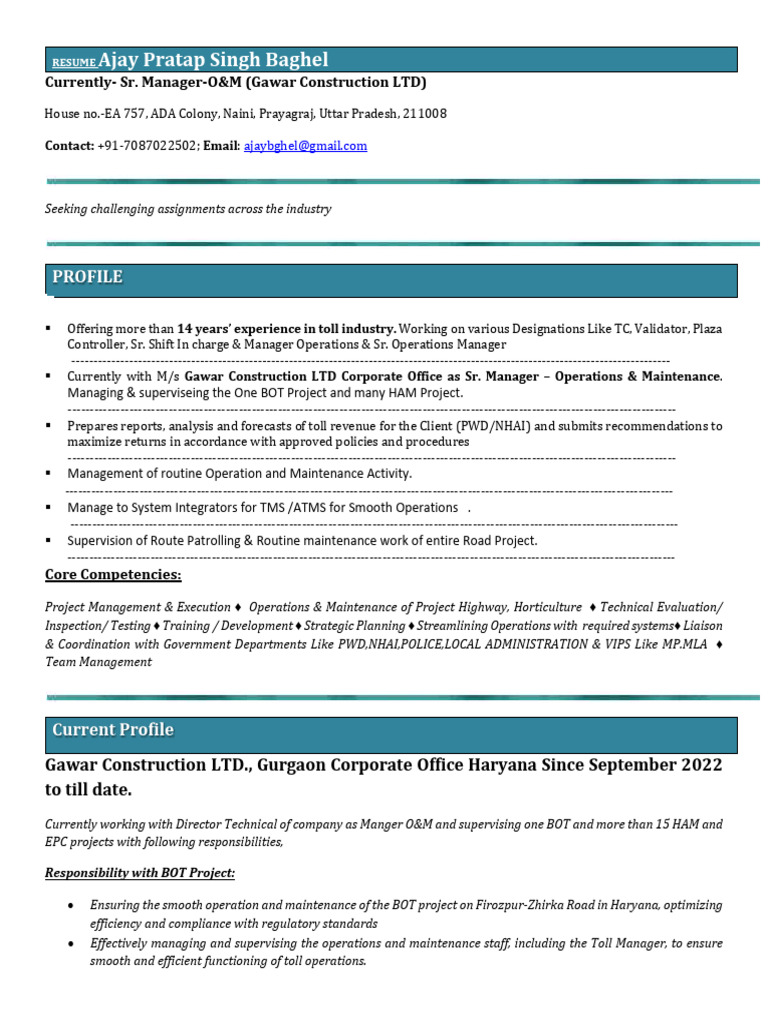 CV - Ajay Pratap Singh Baghel | PDF | Toll Road | Regulatory Compliance