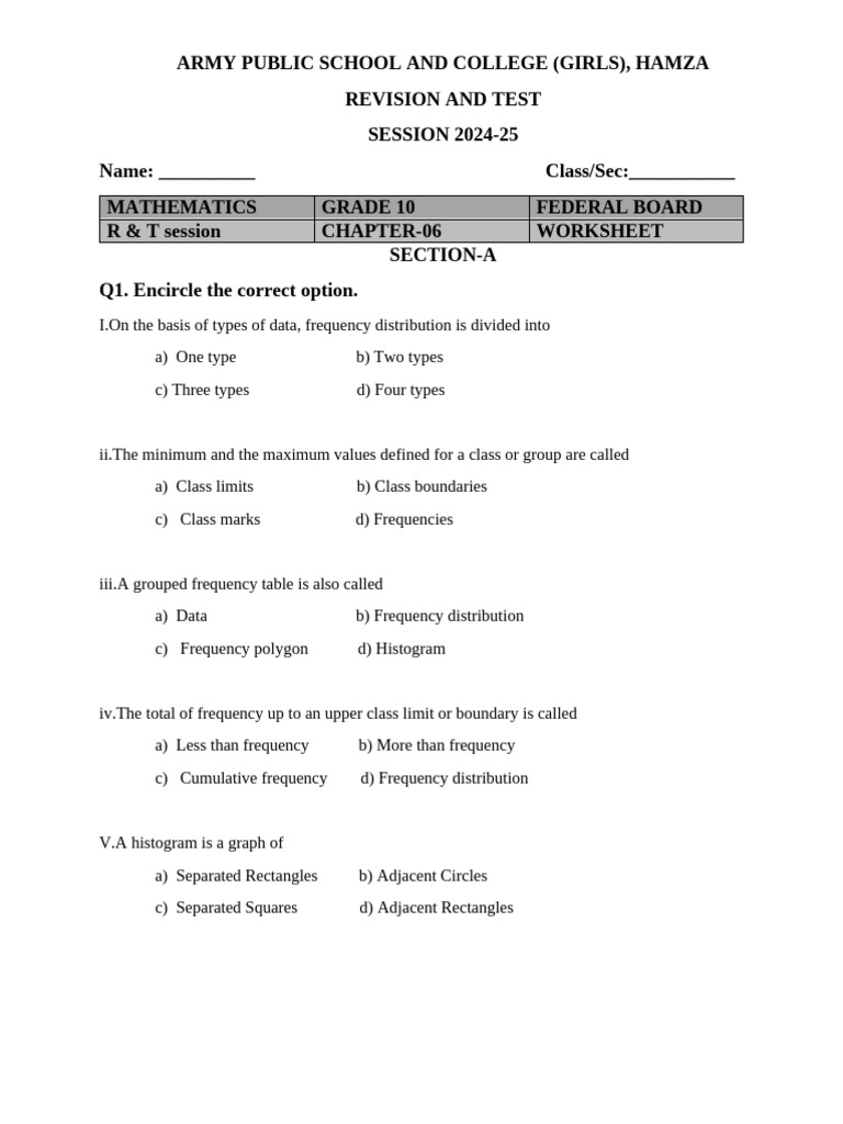 Math Worksheet 6 SSC II | PDF | Arithmetic Mean | Mean