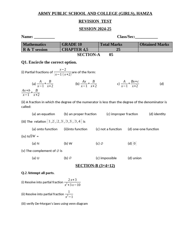 Maths Test X 2024 | PDF