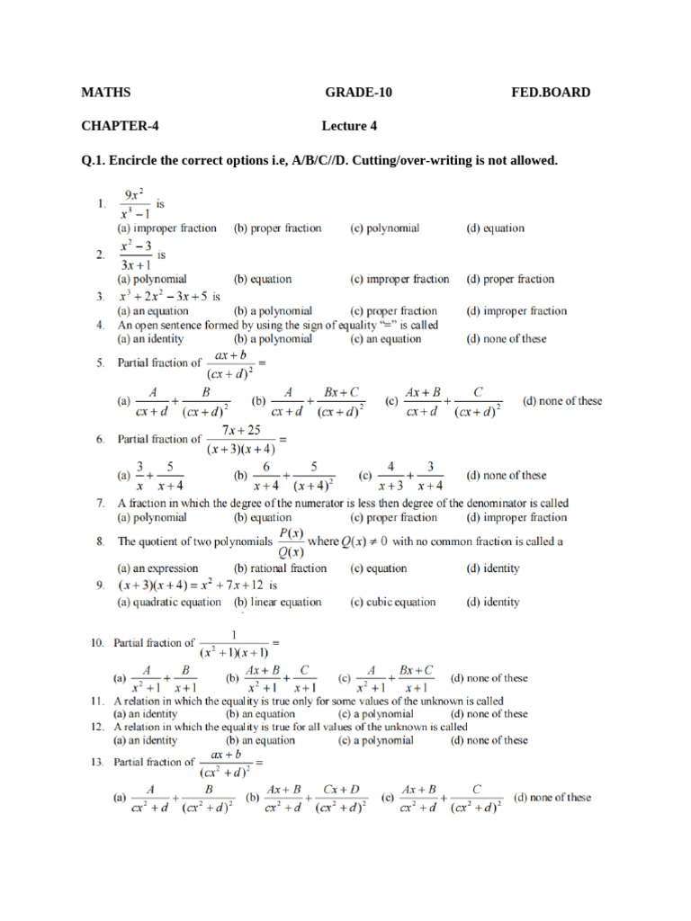 Grade 10 Maths: Partial Fractions Practice | PDF