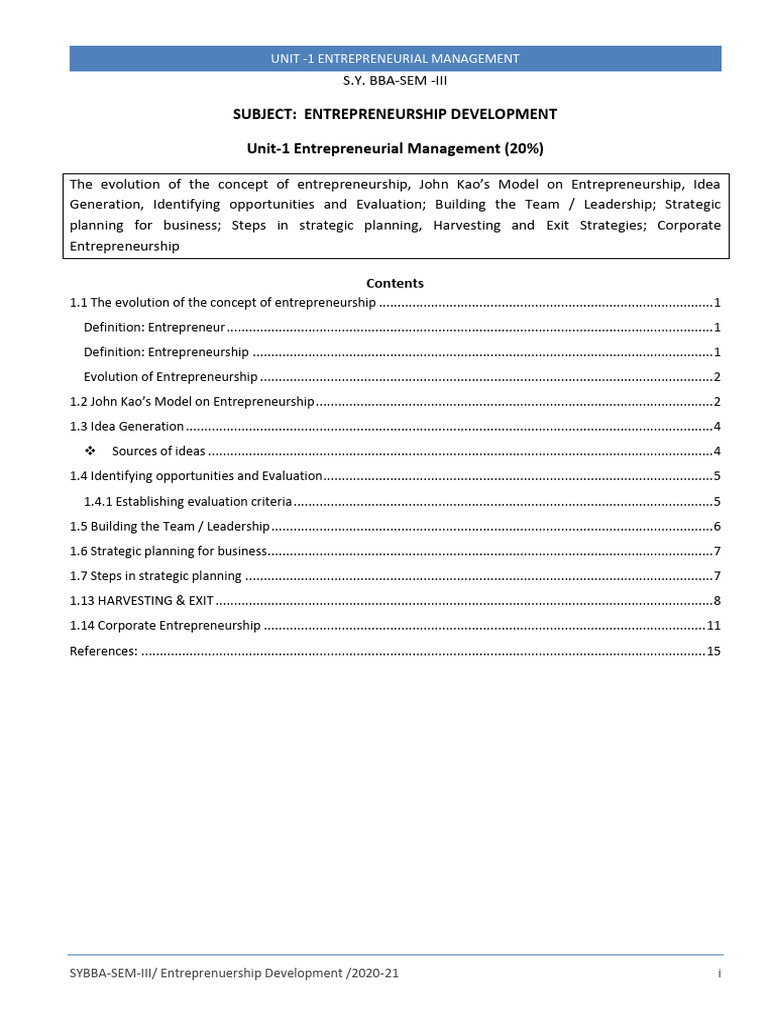 SY ED Unit 1.entrepreneurial Management - Handout | PDF | Entrepreneurship | Strategic Management